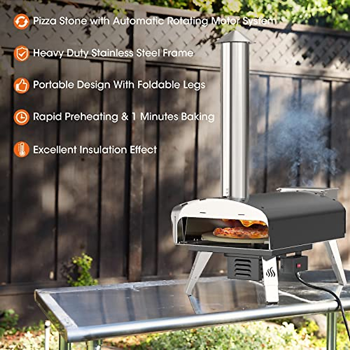 Mimiuo Black Portable Wood Pellet Pizza Oven with 13" Pizza Stone & Foldable Pizza Peel - Wood-Fired Pizza Oven Kit with Automatic Rotation System (Tisserie W-Oven Series)