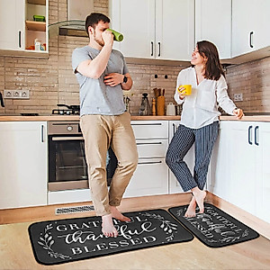 Grateful Thankful Blessed Kitchen Rugs Set 2 Piece Non-Slip Backing Washable Anti-Slip Backing Mat for Doorway Bathroom Runner Rug Carpet Set (19.7*47.2in+19.7*27.6in )