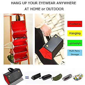 Mowsug Multiple Travel Sunglasses Organizer Case - PU Leather Hanging Foldable Eyeglasses Case (Red)