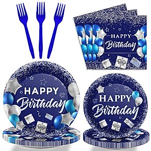 Wiooffen Blue Birthday Party Tableware Set for 24 Guests Navy Blue and Silver Happy Birthday Party Decorations for Men Women Birthday Paper Plates Napkins and Forks 96 Pieces
