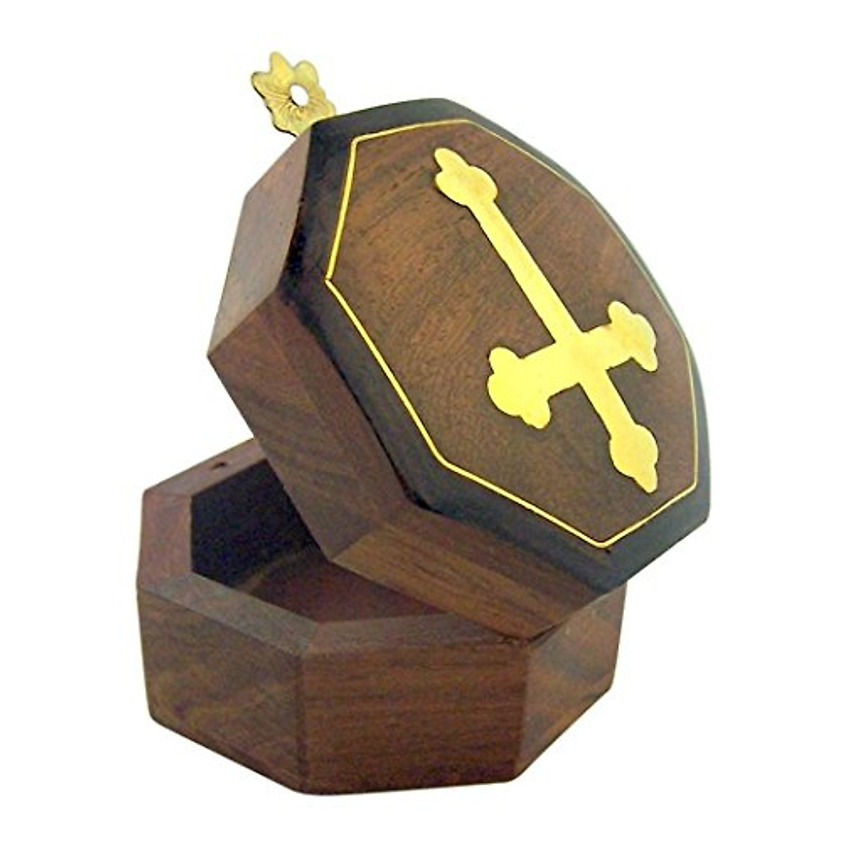 CB Brown Wood Rosary Box with Gold Budded Cross, 2 3/4 Inch