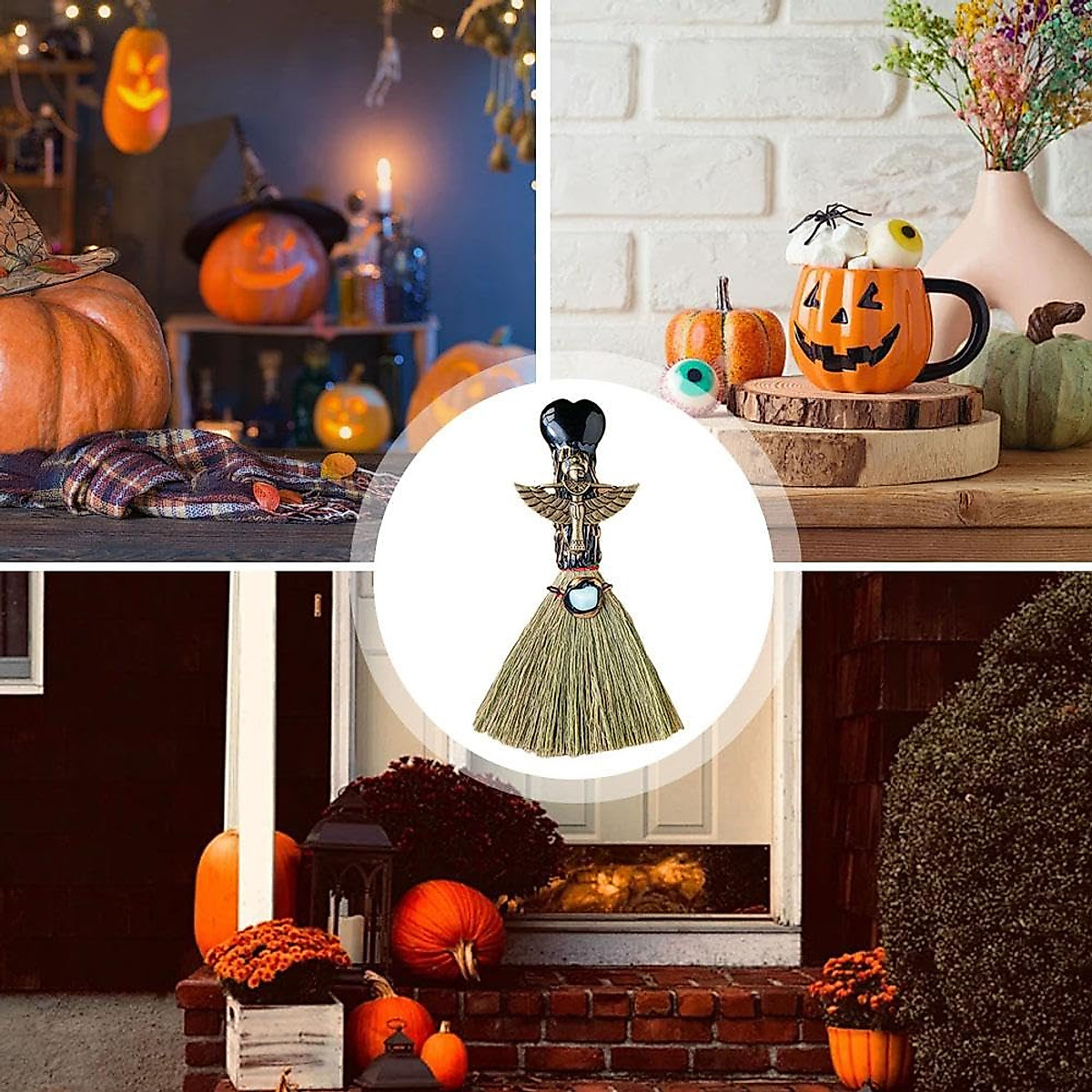JHIALG Witch Broom Crystal Witch Wiccan Altar Broom, Halloween Hanging Props Cosplay Broomstick, Handmade Reiki Broomstick for Cleansing Healing Fengshui