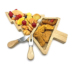 Bamboo Serving Platter, Multiple Spaces Reusable Bamboo Plates, Novel Shape Charcuterie Board Set with Knife & Fork, Fruit, Bread, Salad Plate for Christmas Thanksgiving (Christmas Tree)