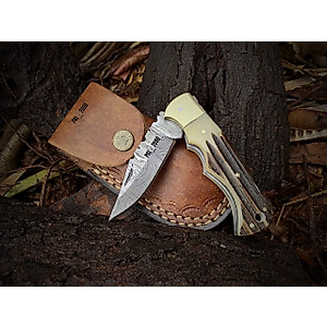 PAL 2000 KNIVES FOL-6016 Handmade Damascus Steel Folding Pocket Knife With Leather Sheath