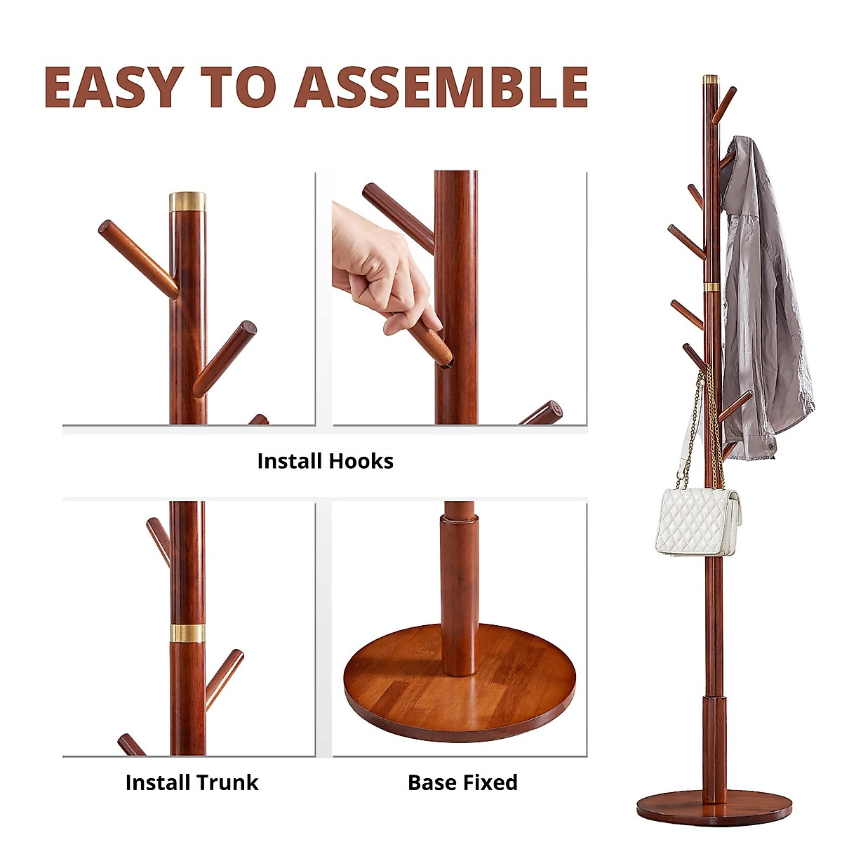 Frestanding Coat Rack with 8 Hooks for Coats and Bags - Sturdy and Easy to Assemble Coat Tree for Entryway, Hallway, Bedroom, and Office