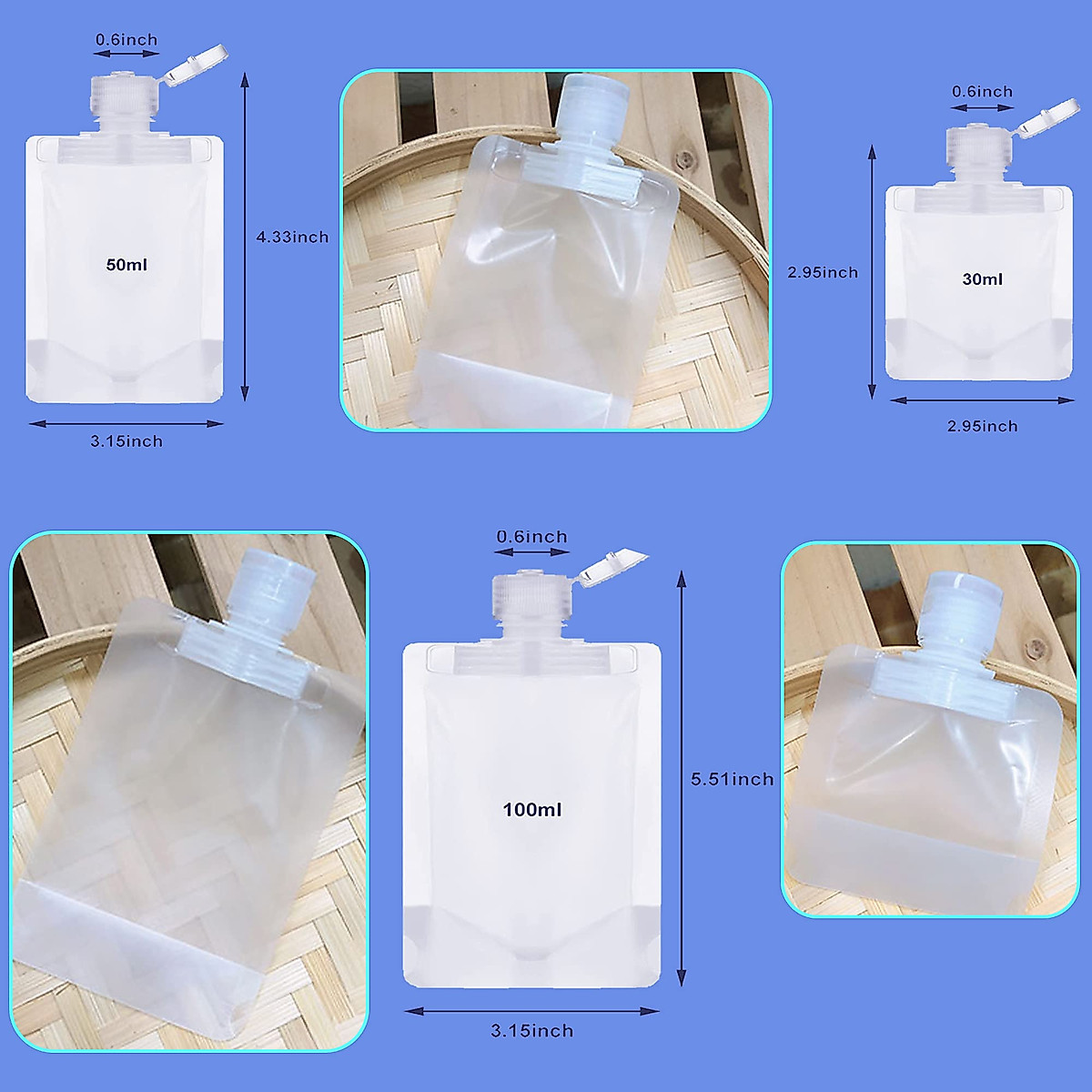 Portable Travel Fluid Makeup Packing Bag Transparent Clamshell Packaging Bag Plastic Stand Up Spout Pouch Refillable Empty Squeeze Pouch for Lotion/Shampoo/Face Cream/Hand Soap (10 Pcs) Gift Funnel