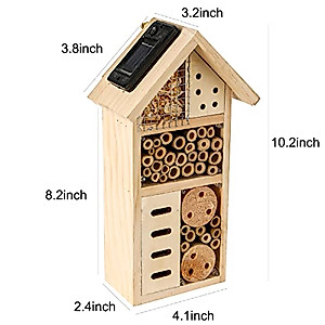 antiai Wooden Multi Insect Bee Butterfly House with Light,Solar Lighting Insect House Hotel,an Outdoor Hanging Bamboo Habitat for Mason Bee Butterfly Ladybugs Live,Bee Box,Butterfly Habitat for Garden