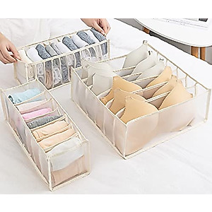 OohuuLife 3 Set Collapsible Cabinet Closet Organizer Storage Boxes Bra Organizer Socks and Underwear Drawer Divider, Cream