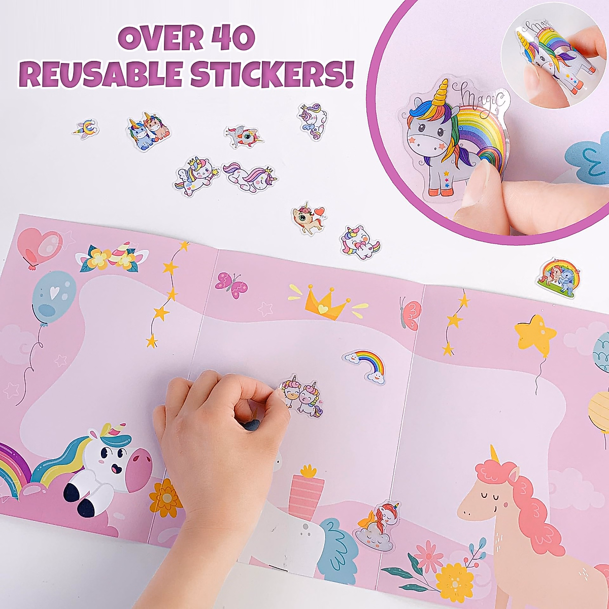 Unicorn Surprise Box Toy Set, Unicorn Stuffed Animal, Sticker Book with Reusable Stickers, Bonus Gifts, Plush & Toy Set for Girls Birthdays Parties Christmas Easter
