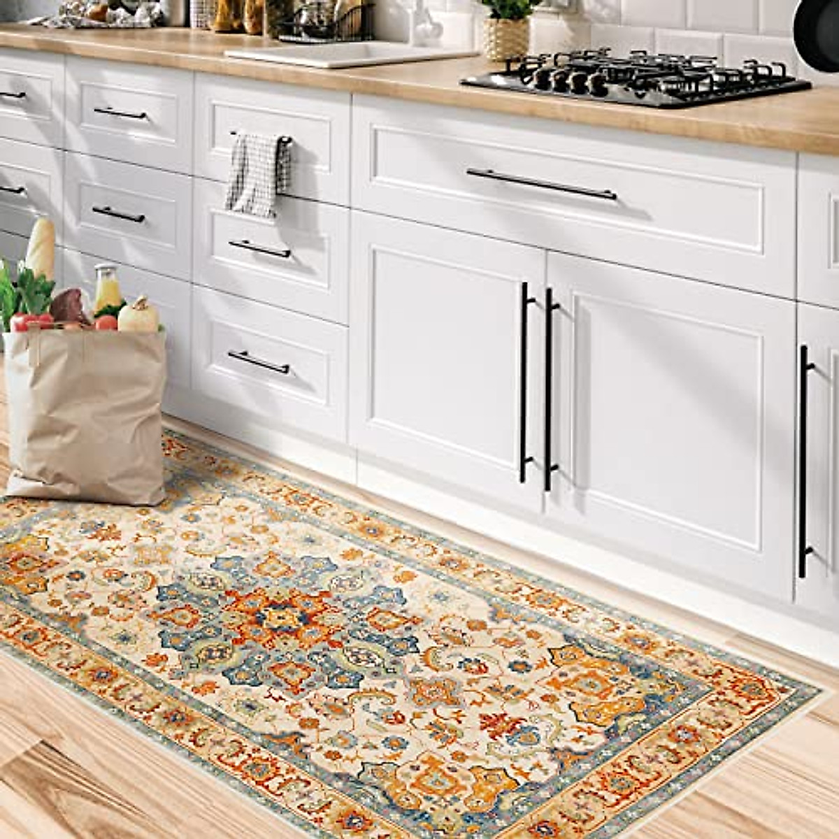 Boho Area Rug, 2' x 4' Machine Washable Rugs for Entryway Faux Wool Small Rugs Distressed Throw Rug Non-Slip Floor Carpet for Indoor Bedroom Kitchen Living Room