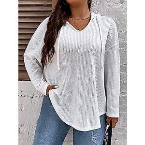 SOLY HUX Women's Plus Size Hoodies Long Sleeve Drawstring Waffle Knit Pullover Sweatshirt Tops Solid White 2XL