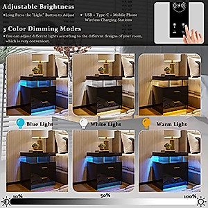 HNEBC Auto LED Nightstand with Wireless Charging Station & USB Ports,High Gloss Bedside Tables with 2 Drawers,Floating Nightstand with 3 Color & Adjustable Brightness Embedded LED Light