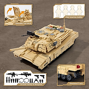 M Menbis M1A2 Simulated Tank Model Kit，WW2 Military Armed Tanks Building Block with 4 Soldier Figures ,Toys for Model Lovers，Gift for Boys 8-12(1053 Pcs)