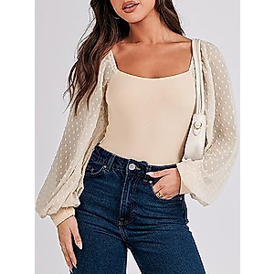 ANRABESS Rompers for Women Sheer Swiss Dot Puff Sleeve Square Neck Bodysuit Fall Casual Long Sleeve Dressy Leotard Top 1071xingse-L