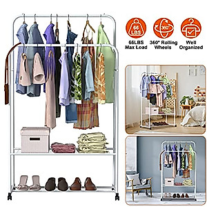 iMounTEK Garment Racks, Garment Hanging Rack Clothing Hanging Rail Pillow Shoe Display Organizer Stand Rolling Wheel Wardrobe Clothing Racks Clothes Organizer Shelves for Hanging Clothes for Bedroom