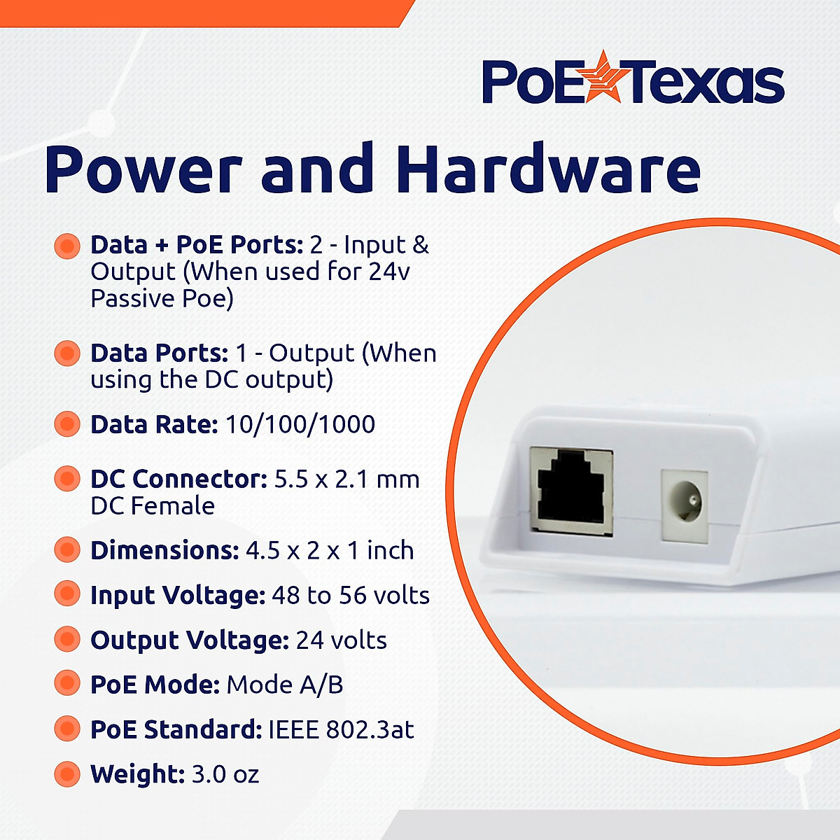PoE Texas 48v to 24v PoE Converter - Inline PoE Splitter with 24 Volt 25 Watt PoE or DC - Converts IEEE 802.3at PoE+ to 24V Passive PoE or 24V DC Output with Gigabit Data for Ubiquiti and Mikrotik