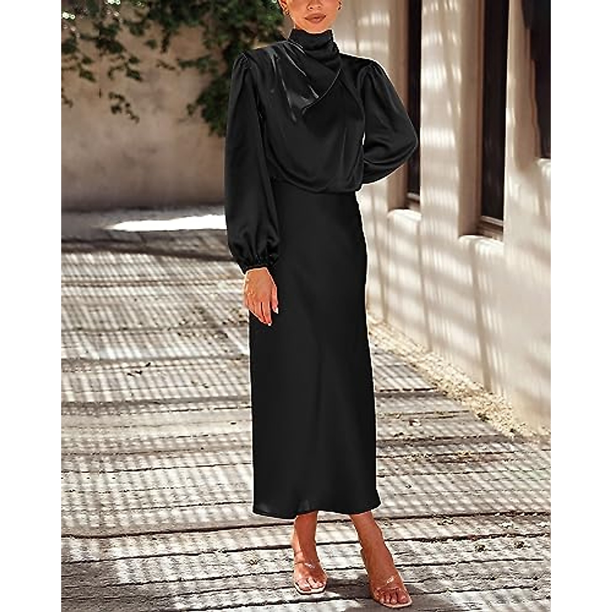 BTFBM Women's Mock Neck Satin Dress Elegant Long Sleeve Elastic High Waist Formal Wedding Cocktail Party Maxi Dresses(Solid Black, Medium)