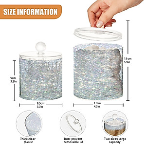 YETTASBIN Silver Glitter Plastic Apothecary Jars 2 Pack, Qtip Holder Dispenser with Lid, Bathroom Storage Canister Jar for Cotton Swab, Cotton Ball, Floss