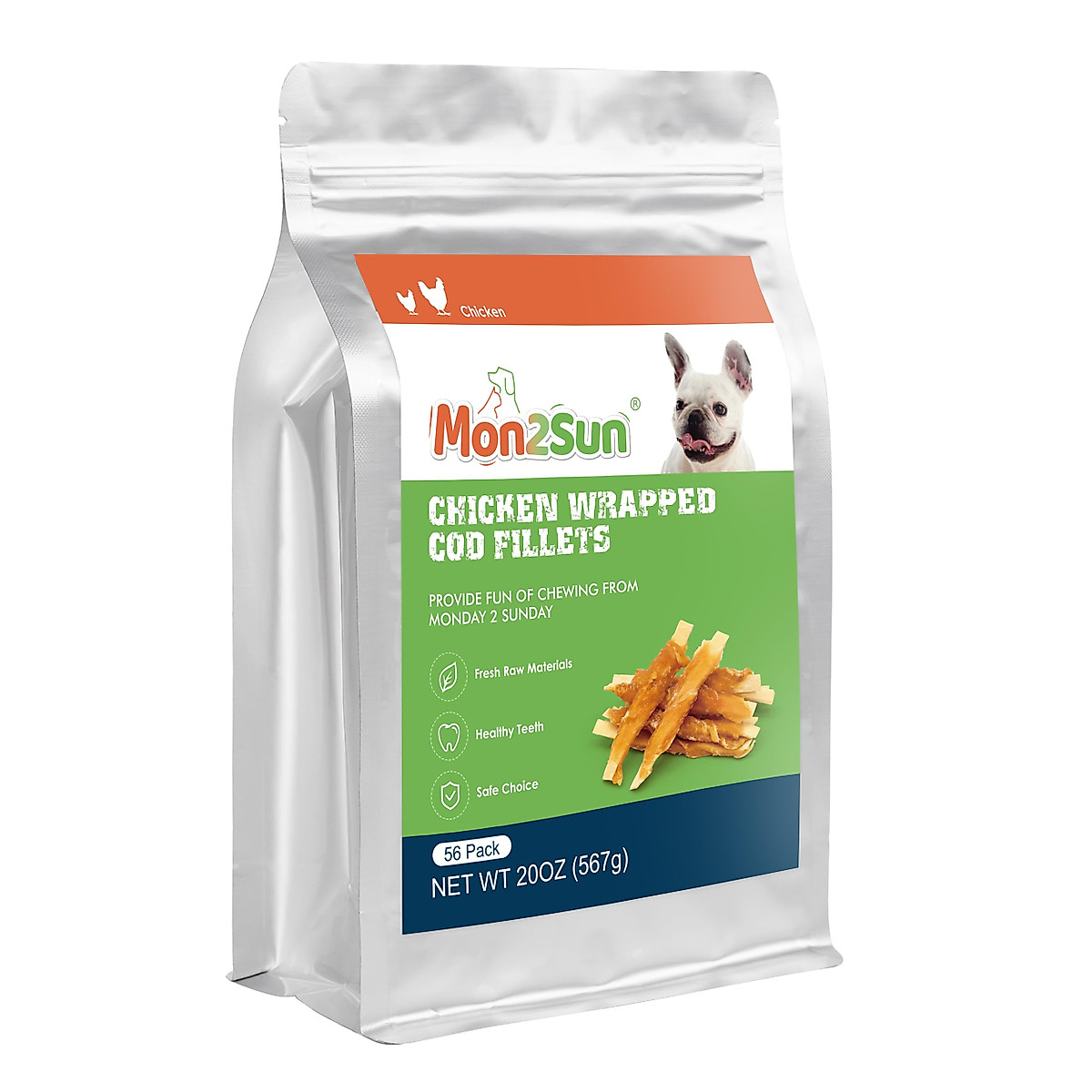 MON2SUN Rawhide Free Dog Treats, 4 Inch Chicken Wrapped Cod Fillet Dog Snacks for Small Dogs, Soft and Training Treats, 20oz (56 Count-Pack of 1)