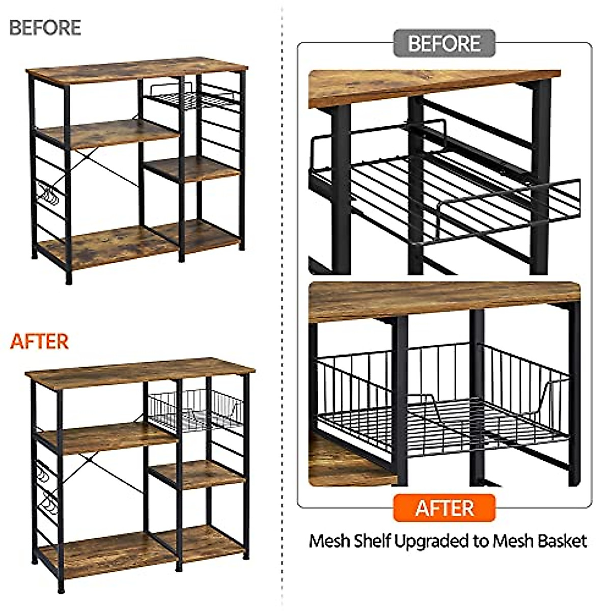 Yaheetech 4-Tier Kitchen Baker's Rack, Coffee Bar Microwave Stand Cart with Wire Basket & 6 Side Hooks, Kitchen Organizer Shelf for Spices/Utensils Foods, Rustic Brown