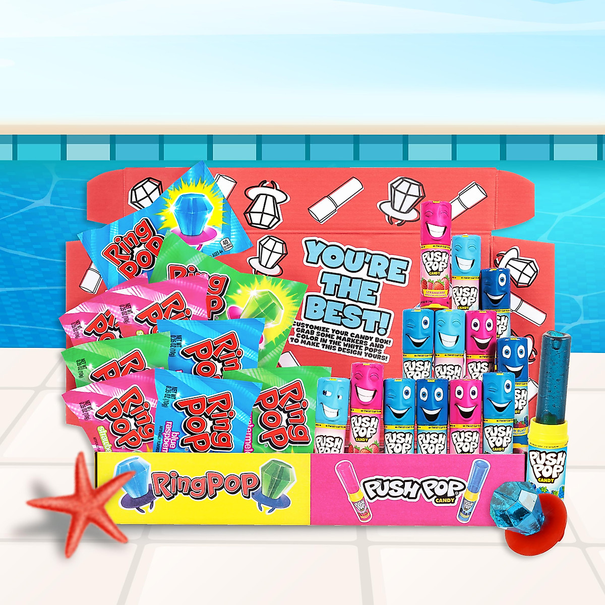 Ring Pop Push Pop 30 Count Summer Candy Box - Assorted Fruity Lollipop Candy Gift Box - Fun Candy For Birthdays, Party Favors, Pool Parties, 4th of July & Summer Fun - Summer Treats Loved by Kids