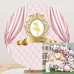 Leyiyi 4x4ft Ballerina Happy Birthday Round Backdrop Pink and Gold Ballet Girl Curtain Princess 1st Birthday Party Decor Banner Tutu Ballerina Birthday Party Baby Shower Cake Table Supplies
