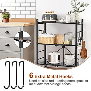 Himix Storage Shelves with 6 Hooks, 3 Tier Foldable Shelf with Wheels, Metal Storage Shelving Unit Rolling Cart, Utility Shelf Rack Organization Shelves for Garage, Pantry, Kitchen, Room, No Assembly