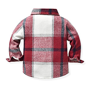 Little Kids Boys Girls Flannel Plaid Shirt Jacket Long Sleeve Lapel Button Down Pocketed Shirts Regular Fit Casual Fall Coat, White Red, 12-18 Months