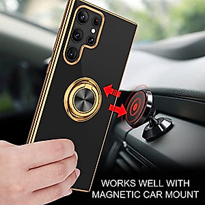 BENTOBEN Samsung S22 Ultra Case, 360° Ring Holder Kickstand Support Car Mount Elegant Plating Edge Slim Shockproof Soft TPU Protective Phone Cover for Samsung Galaxy S22 Ultra 6.8" 2022, Black/Gold