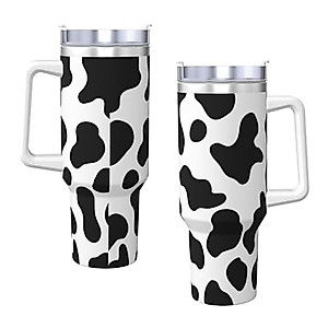 deaokluy 40 OZ Cowhide Print Ice Bully Cup with Handle Straw Lid, Double Wall Stainless Steel Tumbler Travel Coffee Cup, Black and White Insulation and Cooling Cup for Christmas Birthday Present