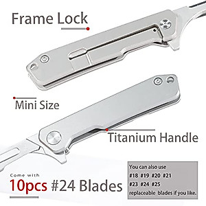 TENCHILON T29 Mini Titanium Folding Scalpel Pocket Flipper Knife, 10pcs #24 Blades, 2.9 inches Handle with Frame Lock, Tiny Small Micro EDC Keychain Knives for Men Women