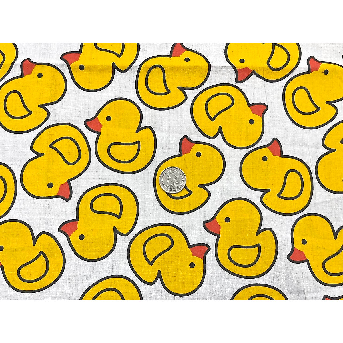 AMORNPHAN 44 Inch Yellow Bird Happy Rubber Duck Printed On White Cotton Fabric Themed Pattern with Ducks for Craft Cloth Kid Patchwork Handmade Sewing Crafting for 1 Yard