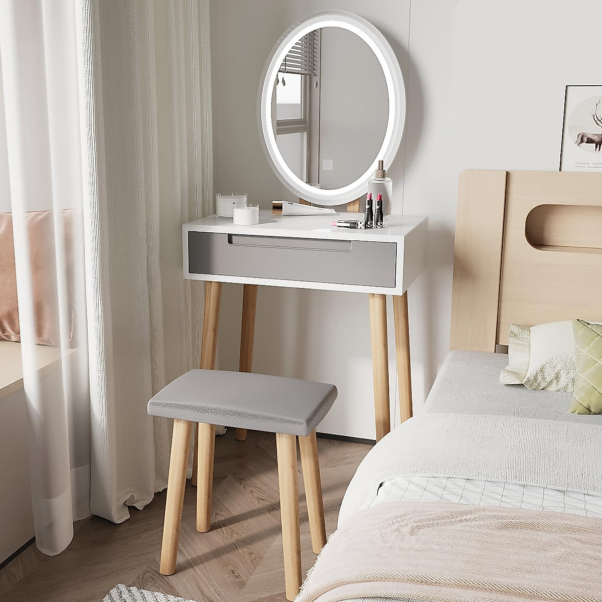 ARTETHYS Makeup Vanity Table Set with 3 Adjustable Lighted Mirror Small Vanity Desk with Drawer and Lights White Makeup Vanity Desk with Chair for Small Space Bedroom