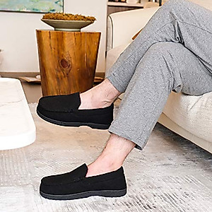 DL Men's Memory Foam Moccasin Slippers Breathable Moccasin Slippers Micro Wool House Shoes Anti-Slip Sole Indoor Outdoor, Black, 10