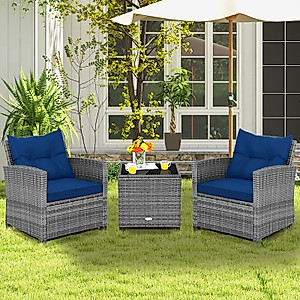 Tangkula 3 Pieces Patio Furniture Set, Outdoor PE Rattan Conversation Chair Set with Tempered Glass Side Table and Removable Cushions, PE Wicker Chairs and Table Set for Porch, Balcony and Garden