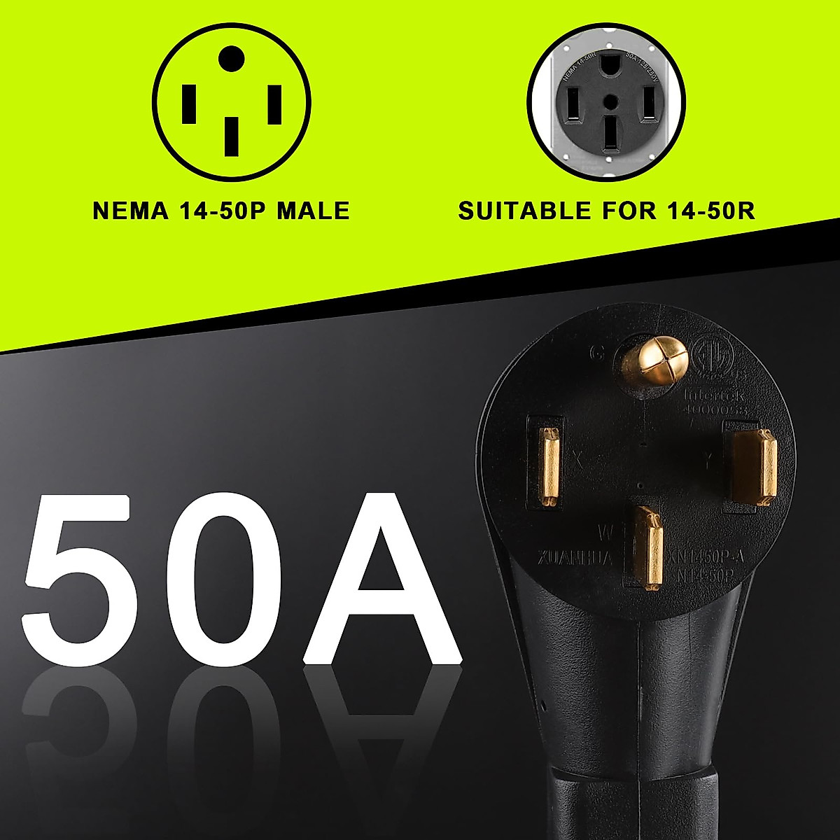 Campzlly 50 Amp to 110 Adapter RV Cord, 50 Amp to 20 Amp Adapter, NEMA 14-50P Male Plug to 4X 5-15R/5-20R Household Outlet Female with Dust Protection Caps, 1.5 FT