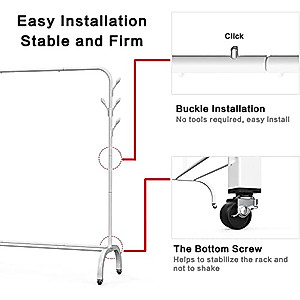 HILI Clothing Garment Rack with Wheels, Metal Clothes Stand Rack with Shoe Storage Rod, Sturdy Steel Frame Coat Rack for Indoor, Laundry, Bedroom(White)