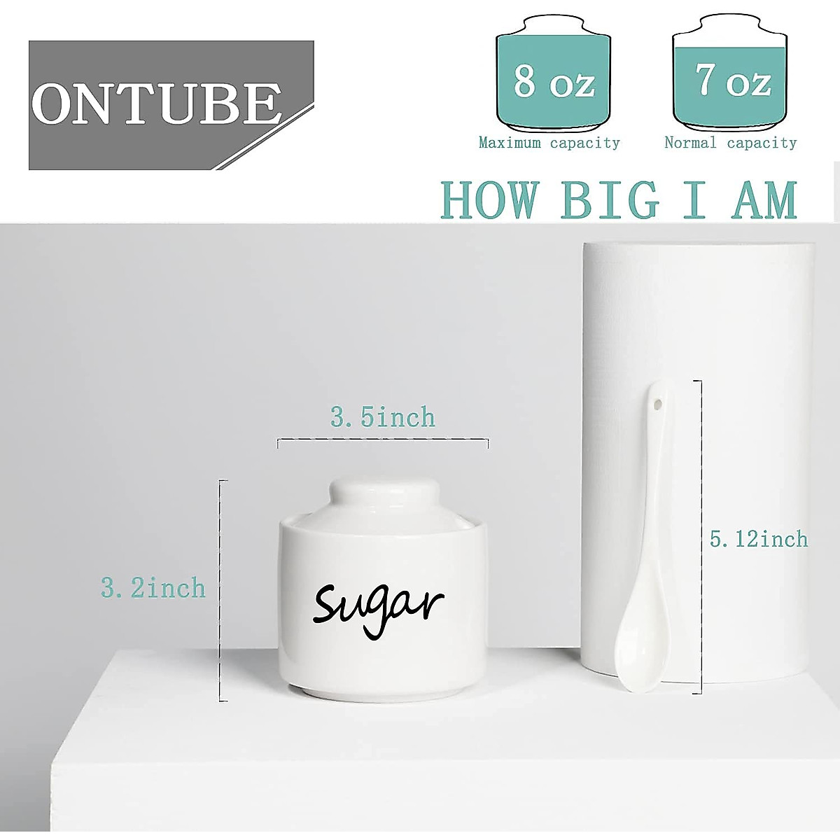 ONTUBE Ceramic Sugar Bowl with Lid and Spoon,Porcelain Sugar Pot,8oz (White)