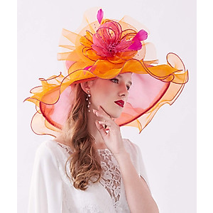 Z&X Women's Organza Church Fascinator Hair Clip Bridal Wedding Tea Party Hat Wide Brim Anti-UV Sun Hat Orange Rose