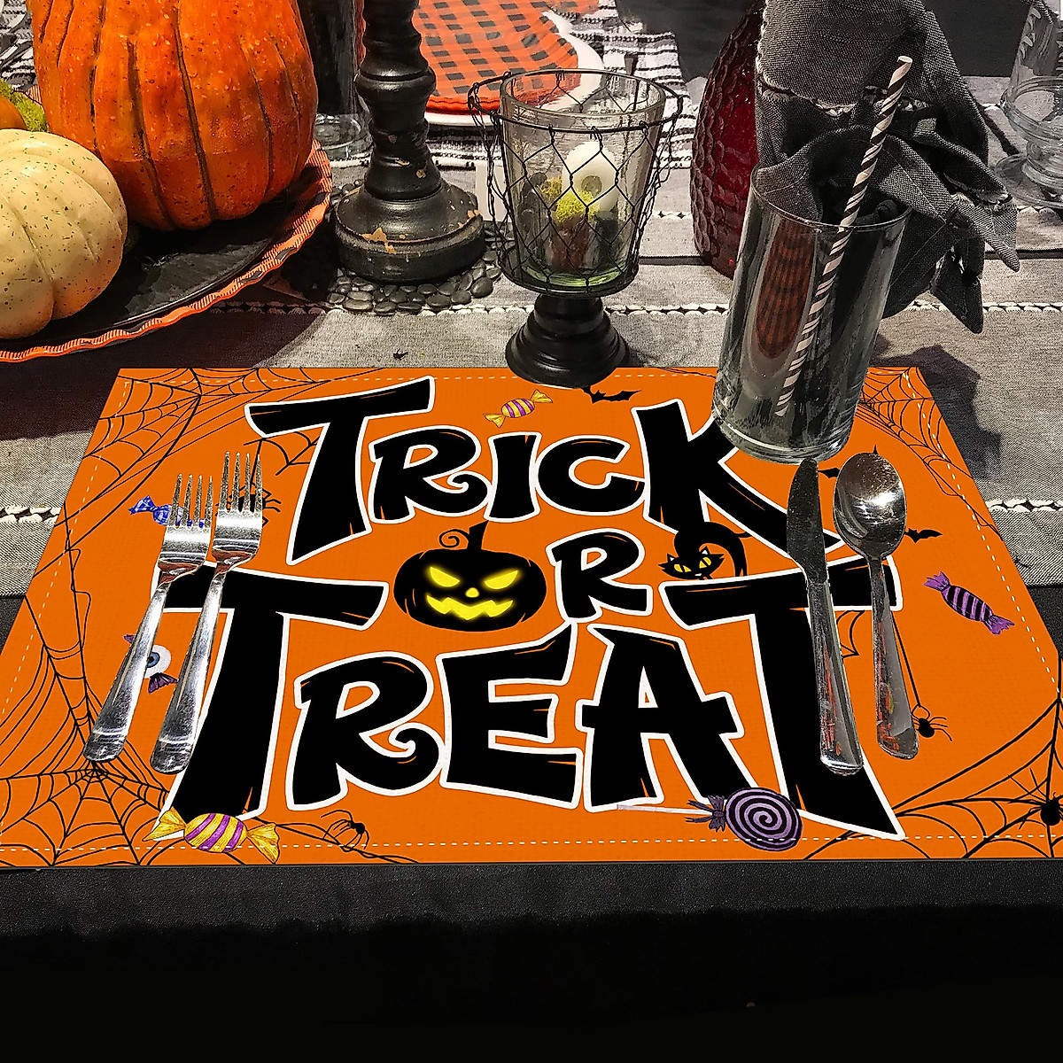 Halloween Placemats Set of 6,12x18 Inch Halloween Decorations Place Mats for Dining Table with Treat or Trick