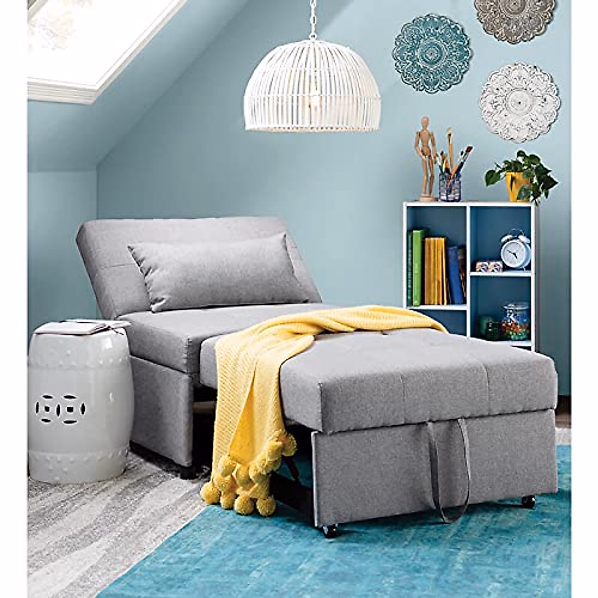 N B Sofa Bed, Convertible Chair 4 in 1 Multi-Function Folding Ottoman Modern Breathable Linen Guest Bed with Adjustable Sleeper for Small Room Apartment, Grey