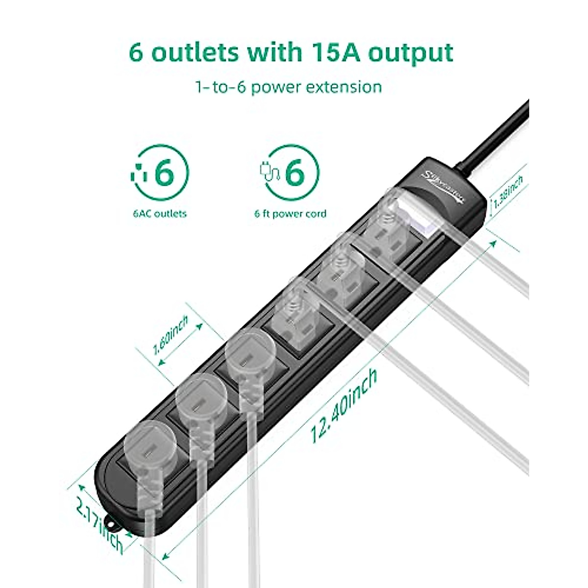 Outdoor Power Strip Weatherproof, Waterproof Surge Protector 6 Outlets, 6 FT Extension Cord, 1875W Overload Protection, Shockproof Outlet, Wall Mountable for Home, Kitchen, Bathroom, Garden, Patio