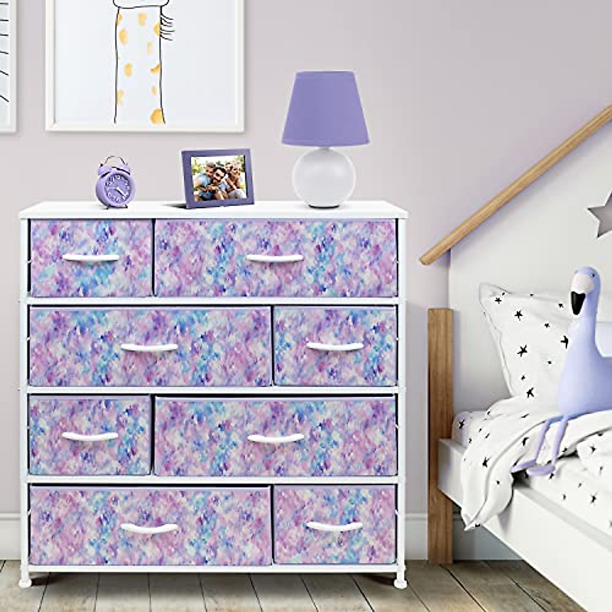 Sorbus Dresser for Kids Bedroom 8 Drawers - Storage Organizer Closet Furniture Chest for Girls & Boys, Nursery, Playroom, Clothes, Toys - Steel Frame, Wood Top, Tie-dye Fabric Bins (Tie-dye Purple)