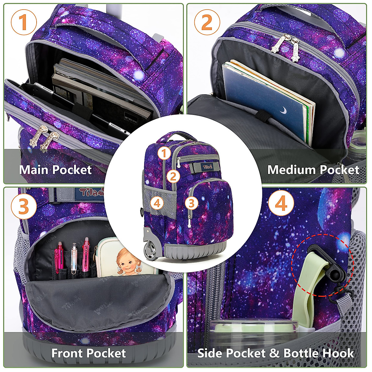 NEW TILAMI 18 Inch Rolling Backpack with Zipper Mesh Pouch Boys Girls Wheeled Laptop Backpack for School Travel Trip Backpack, Purple Galaxy