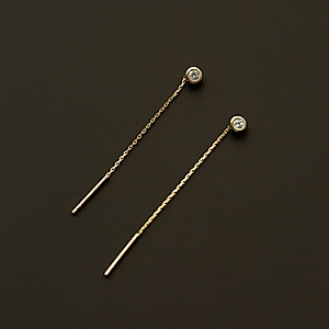 Gelin Solitaire Threader Earrings in 14K Solid Gold | 14k Gold CZ Chain Dangle Earrings for Women