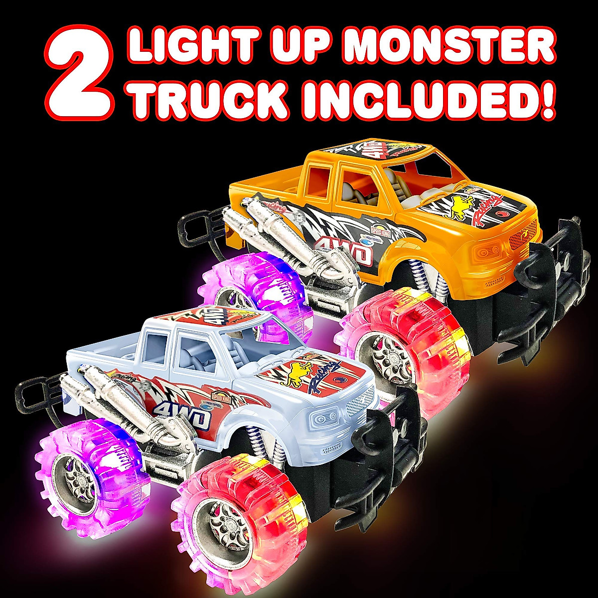 ArtCreativity Orange and White Light Up Monster Truck Set for Boys and Girls, Set Includes 2, 6 Inch Monster Trucks with Beautiful Flashing LED Tires, Push n Go Toy Cars, Best Gift for Kids Ages 3+