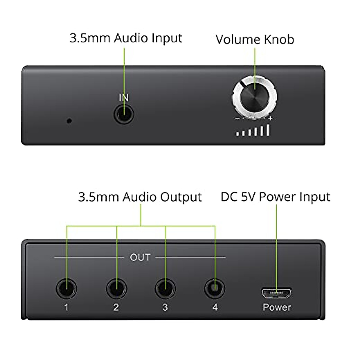 LiNKFOR 4 Port 3.5mm Stereo Audio Splitter, 3.5mm Audio Splitter Switcher Supports 4 Outputs Simultaneously with Volume Control for Passive Speaker, Headphone, PC, MP3, Laptop