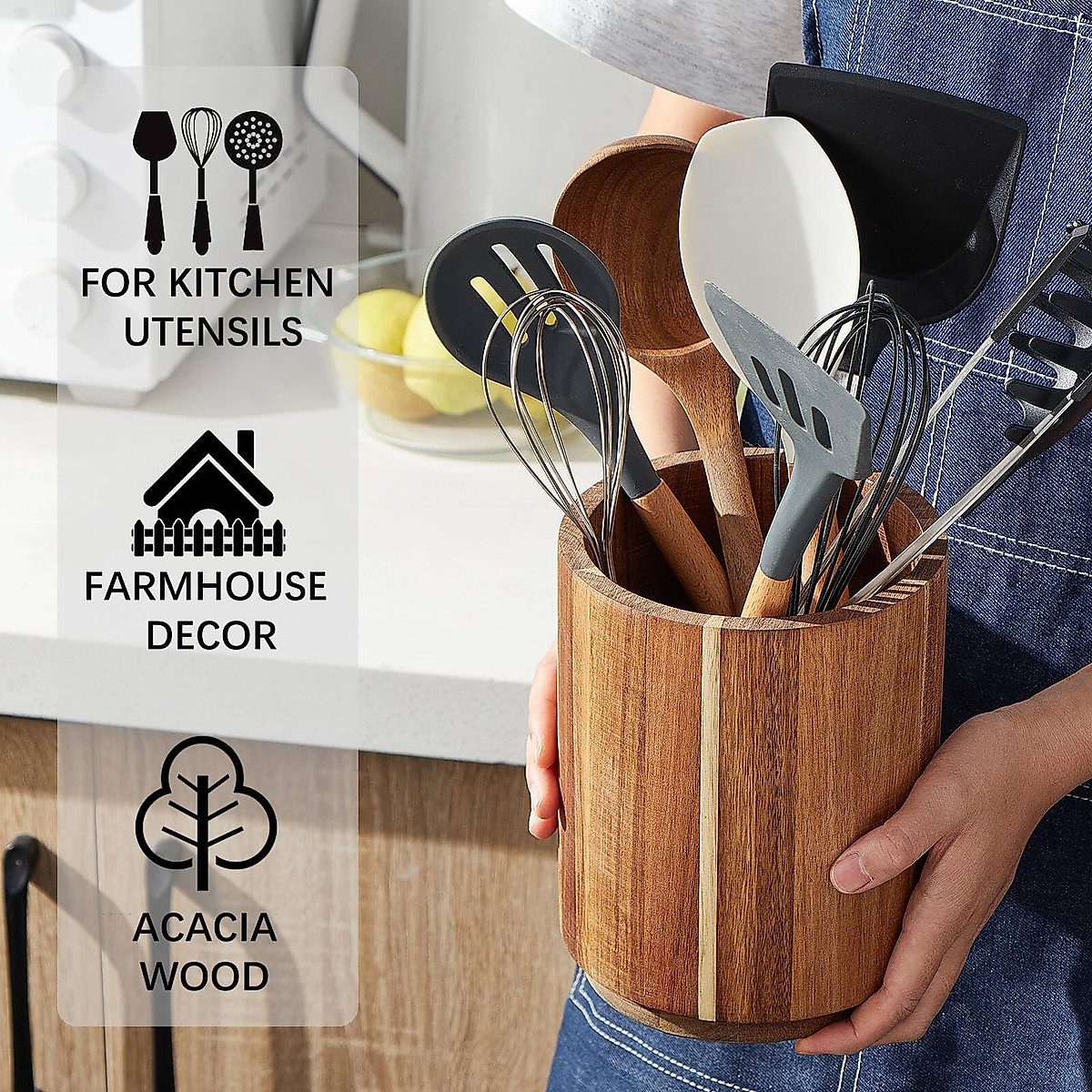 LOHONER Acacia Wood Utensil Holder for Kitchen Counter, 360° Rotating 7.2" Large Cooking Utensil Holder, Kitchen Utensil Storage Organizer for Countertops, Farmhouse Kitchen Decor