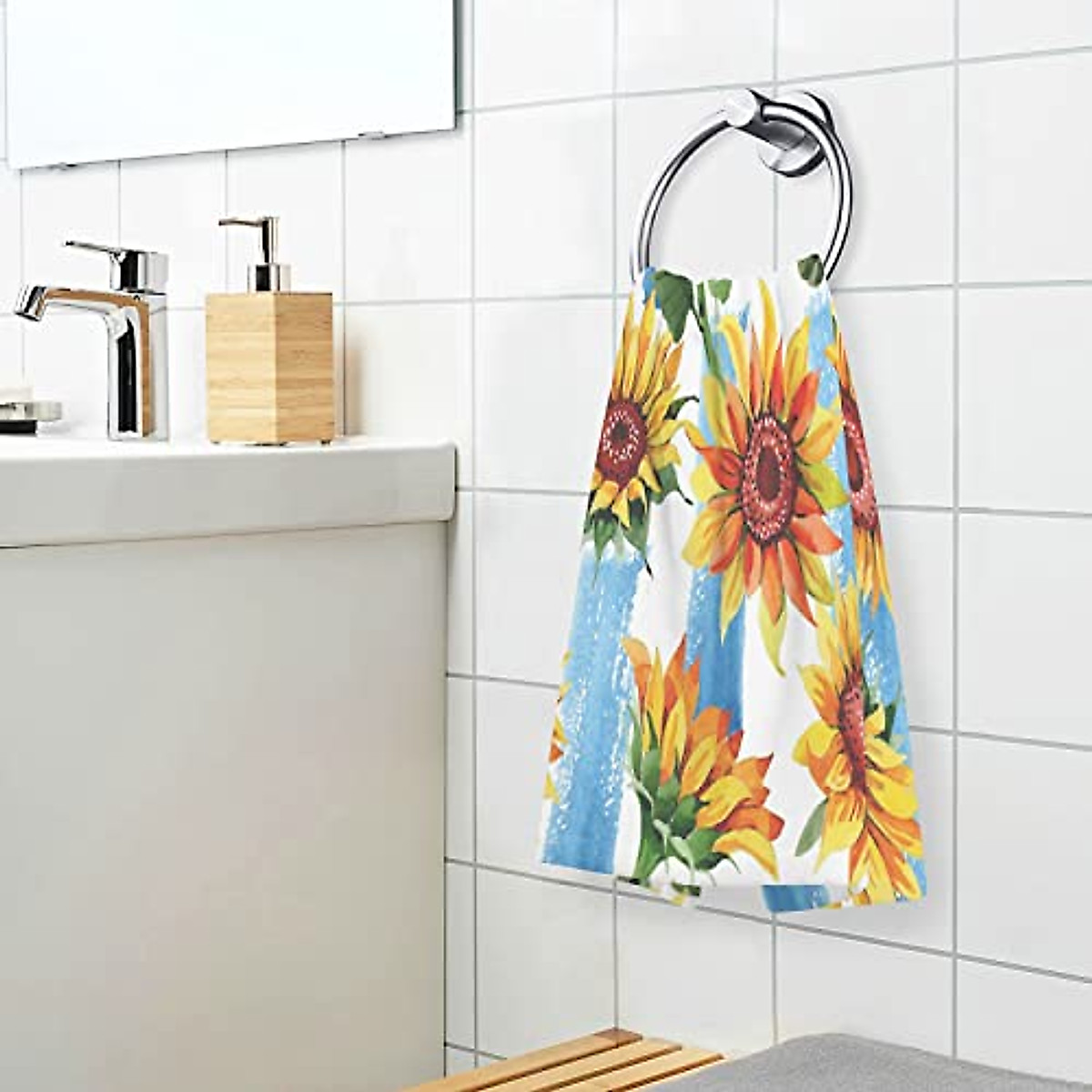 Sunflower Flower Hand Towels Set of 2, Highly Absorbent Soft Cotton Face Towels Bathroom Decorative Towel for Beach Gym Spa Shower, 16x28In