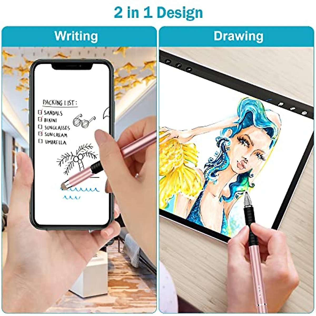 CCIVV Stylus Pen 2 in 1 Fine Point & Mesh Tip for Touch Screen, Compatible for Tablet and Cellphone (1Pc, Rose Gold)